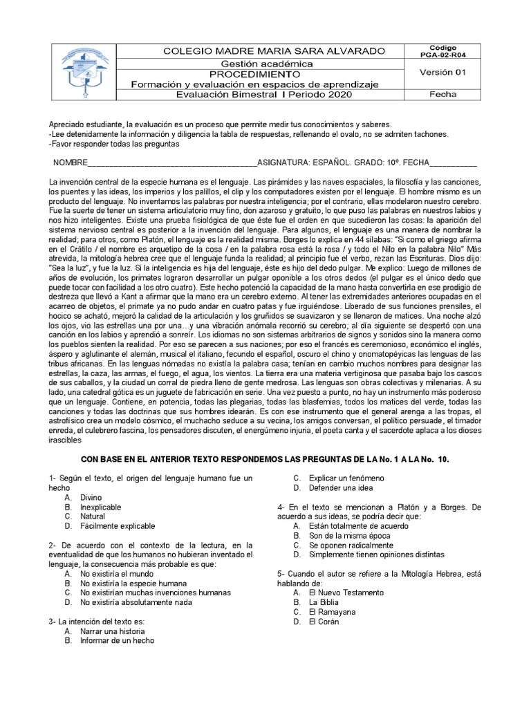 Bimestral 10 Grado 1 Periodod 2020 Listo. NNNNN PDF | PDF | Poesía | Science