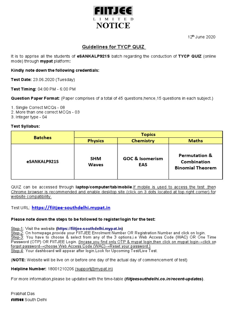 TYCP Quiz Guidelines for eSANKALP921S | PDF