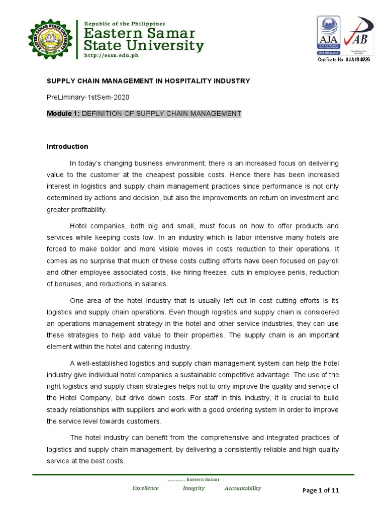SUPPLY CHAIN MANAGEMENT IN HOSPITALITY INDUSTRY-Module PreLim | PDF ...