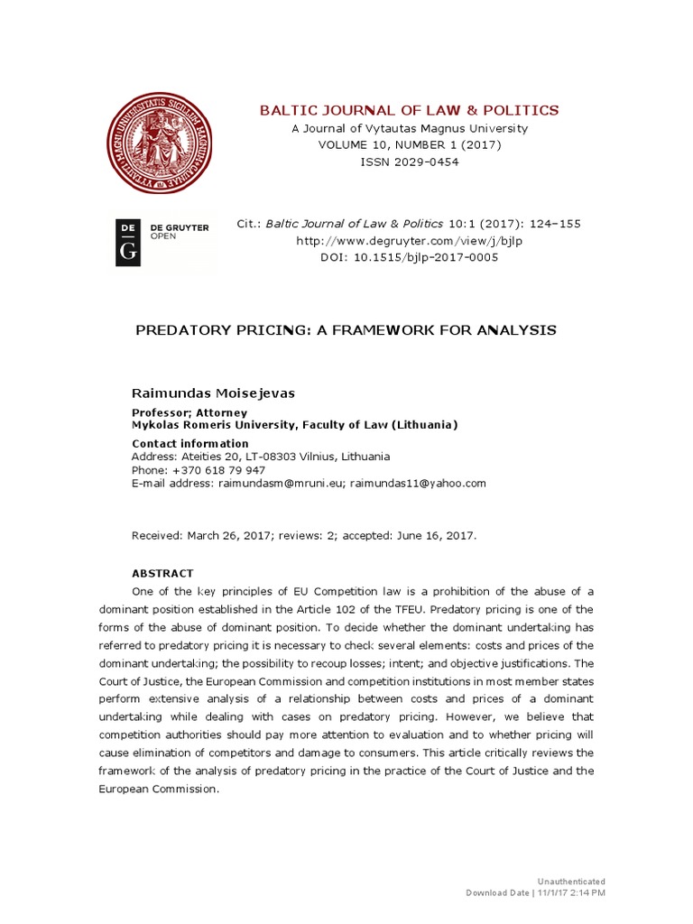 Predatory Pricing A Framework For Analysis | Download Free PDF ...