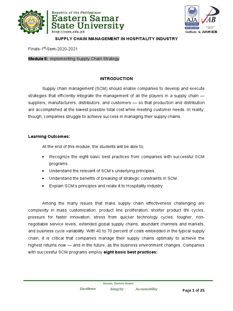 SUPPLY CHAIN MANAGEMENT IN HOSPITALITY INDUSTRYE - Dited - 4. Module ...