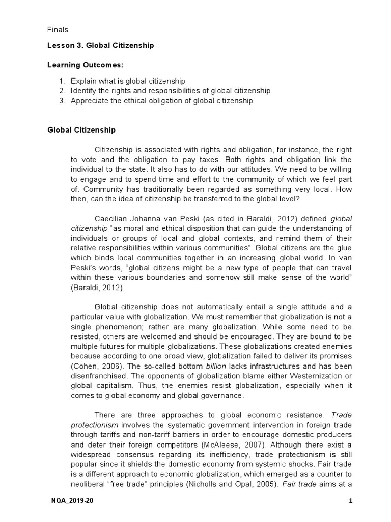 Lesson 3. Global Citizenship Learning Outcomes | PDF | Globalization ...