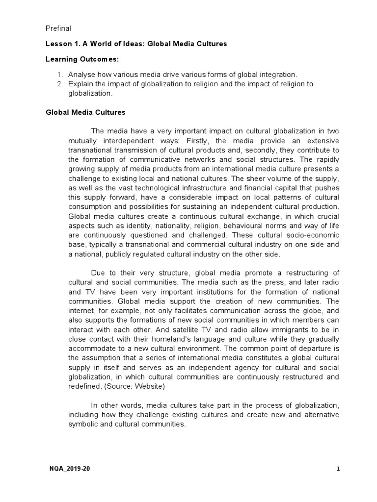 Lesson 1. A World of Ideas: Global Media Cultures Learning Outcomes ...