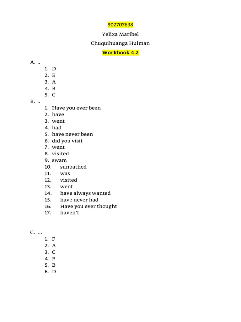 ANSWERS KEY - WORKBOOK - English Hub 2a | PDF