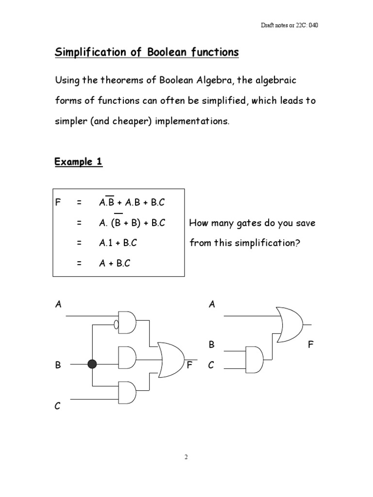 Simplification Of Boolean Functions Example 1 Pdf Logic Boolean Algebra