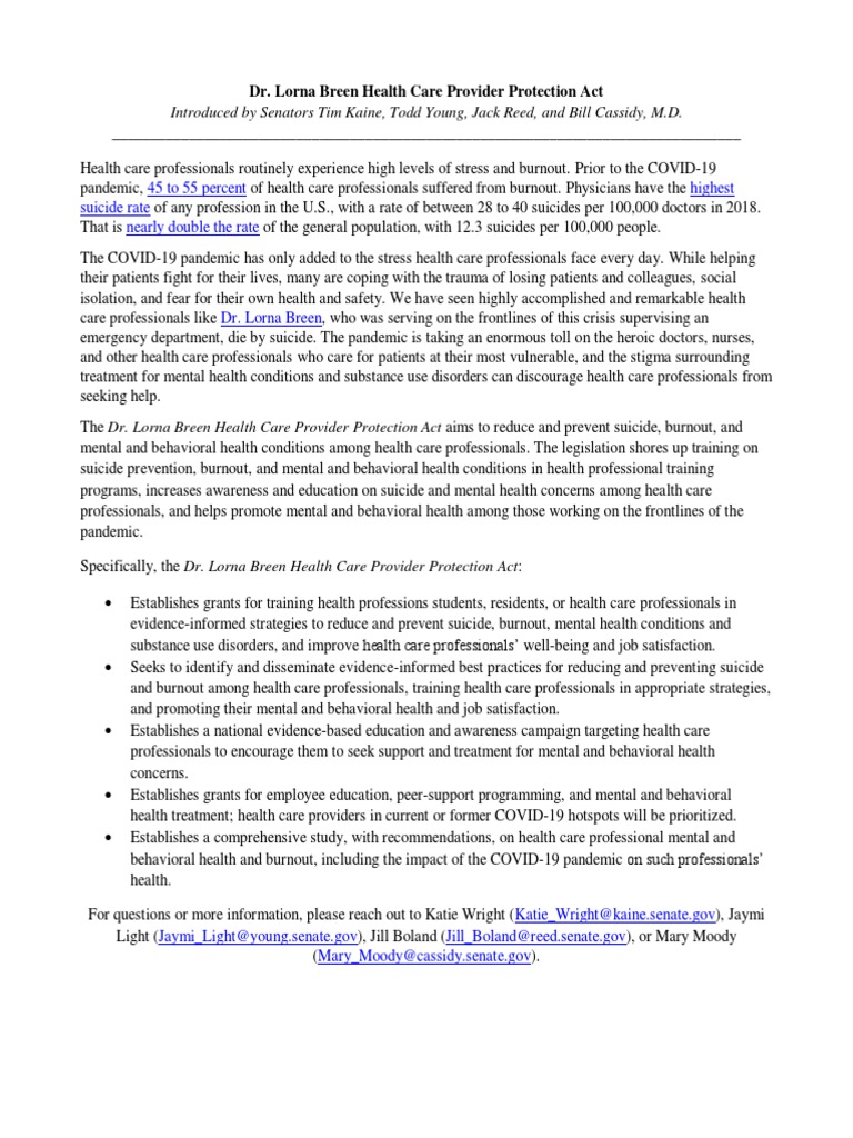 Dr. Lorna Breen Health Care Provider Protection Act One-Pager | PDF