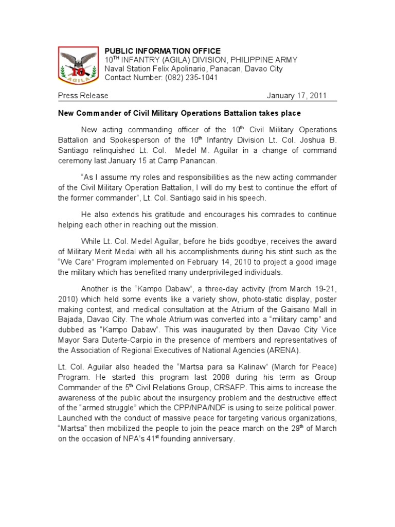 New Commander of Civil Military Operations Battalion Takes Place | PDF ...