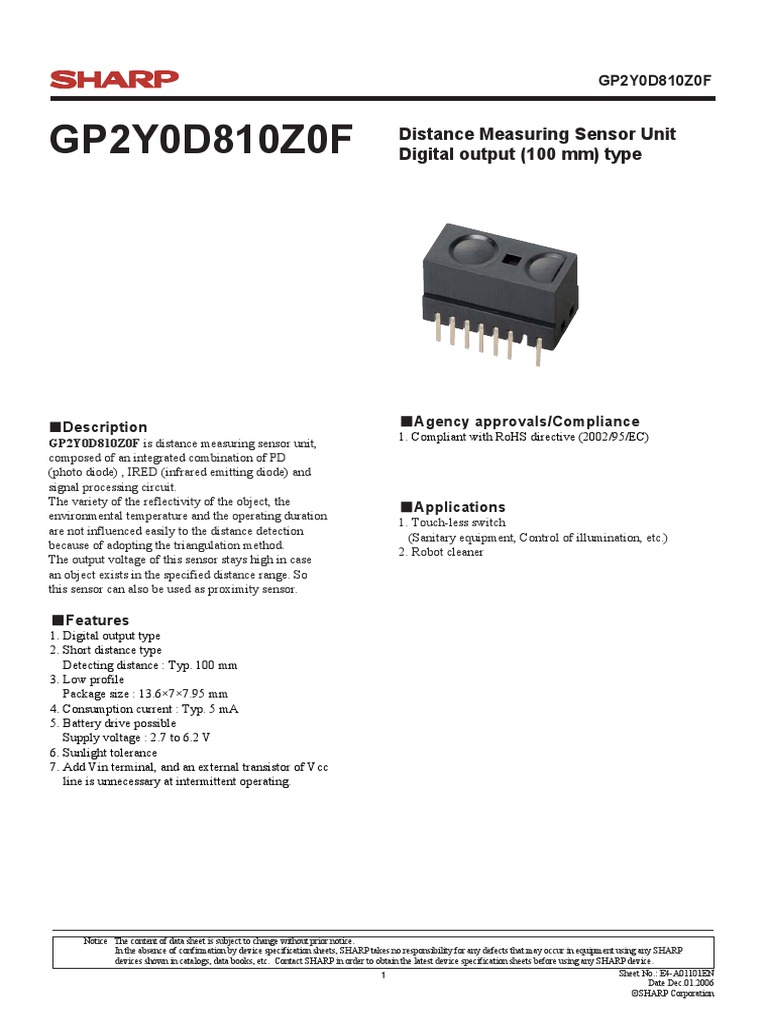 Optical Distance Sensor - GP2Y0D810Z0F Gp2y0d810z - e | PDF | Sensor ...