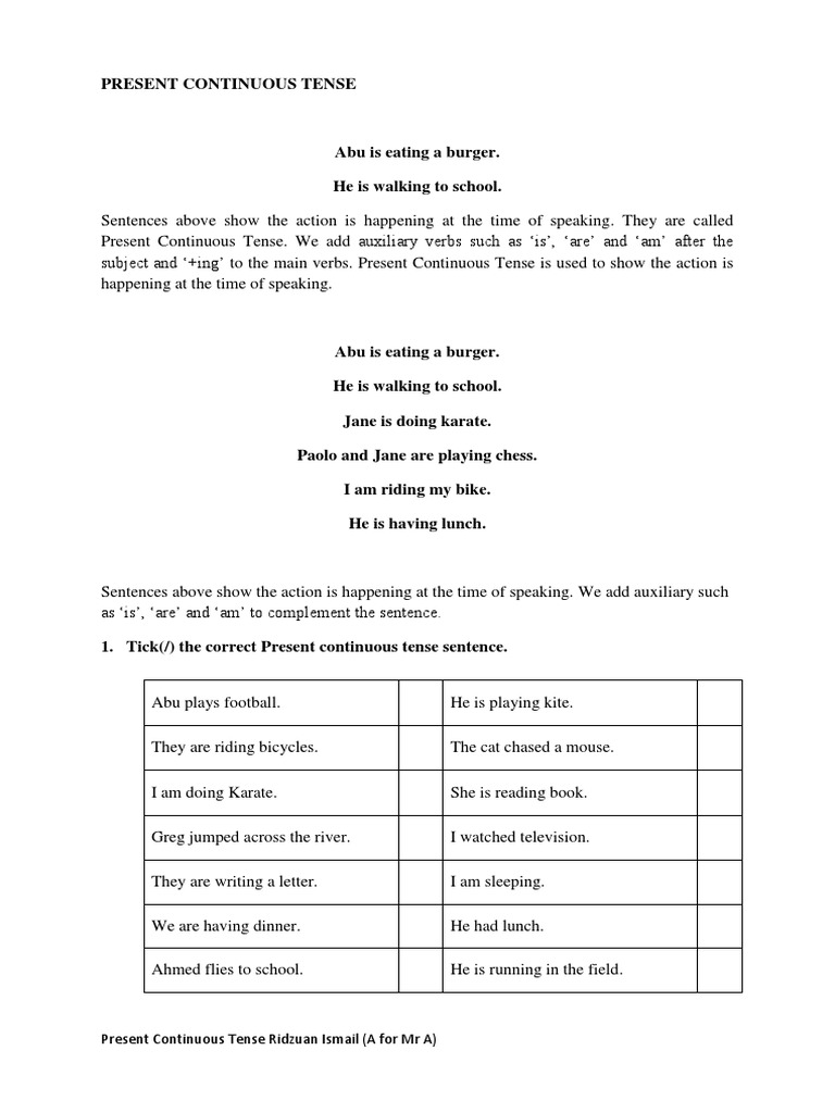PREsENT CONTINUOUS TENSE Level 1 | PDF | Syntax | Linguistics