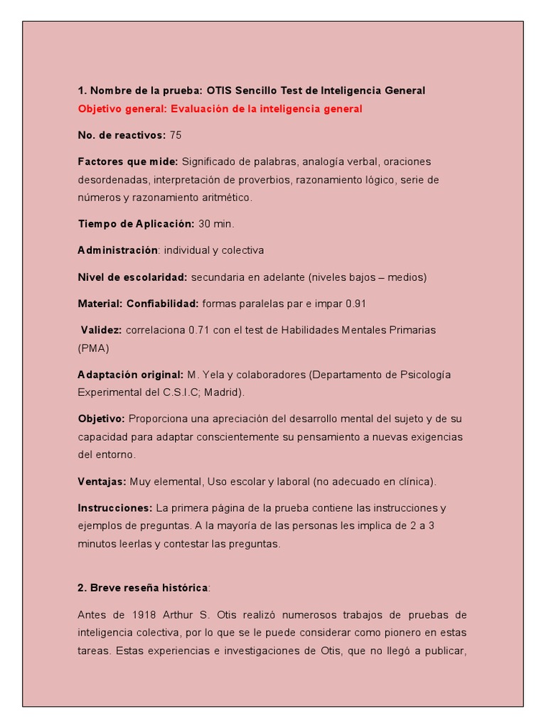 Test de Otis Con Reseña Historica | PDF | Inteligencia | Cognición