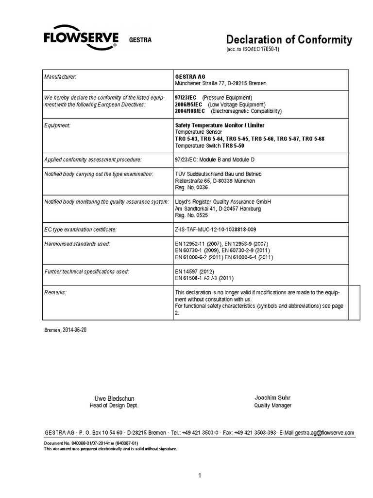 Declaration of Conformity: (Acc. To ISO/IEC 17050-1) | PDF | Electrical Engineering | Quality