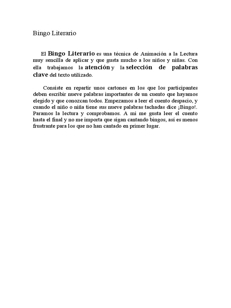 Bingo Literario: Técnica de Lectura Infantil | PDF