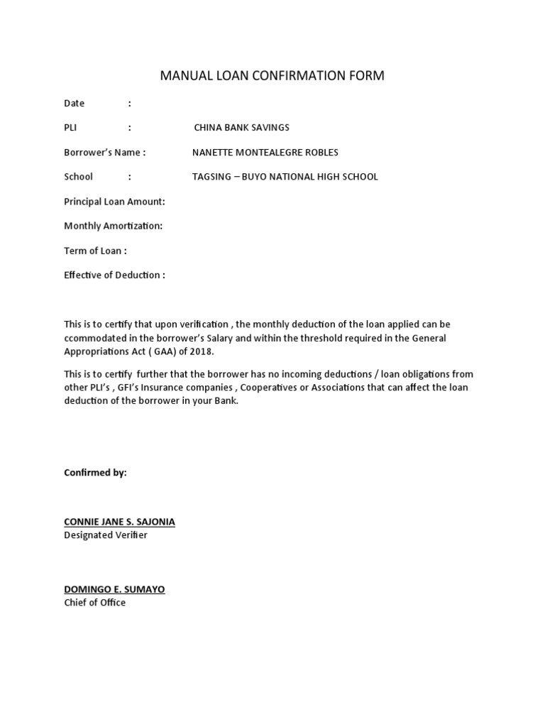 Manual Loan Confirmation Form | PDF