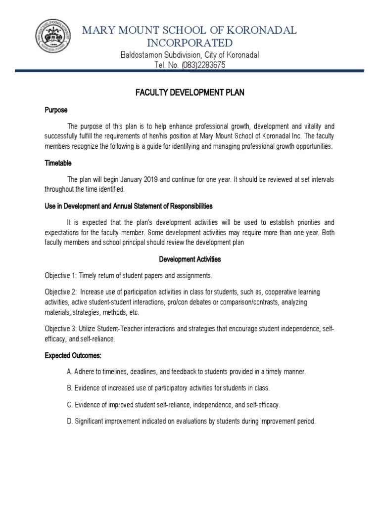 Faculty Development Plan for Mary Mount School of Koronadal Outlining ...