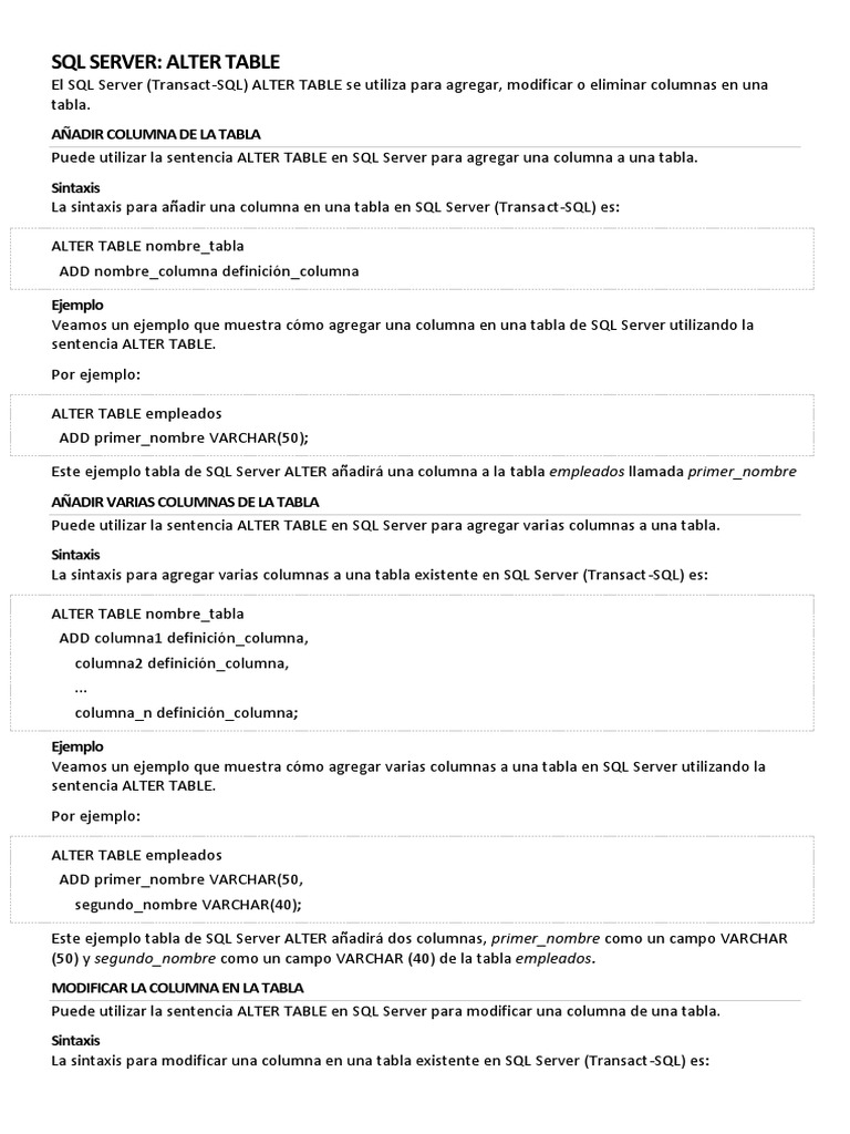 Comando ALTER TABLE | PDF | SQL | Servidor SQL de Microsoft