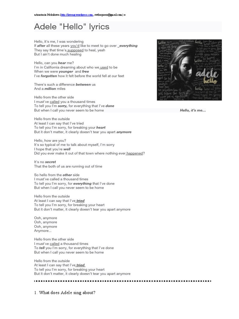 Adele "Hello" Lyrics: 1. What Does Adele Sing About? | PDF | South America