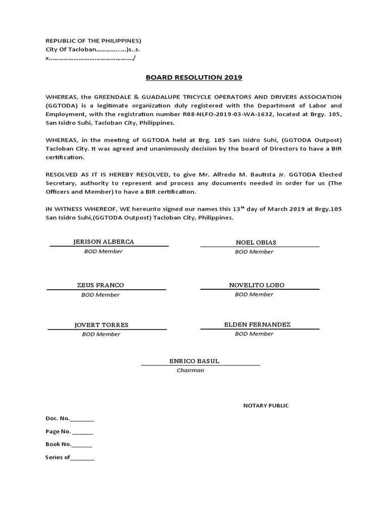 Board Resolution 2019: BOD Member BOD Member | PDF
