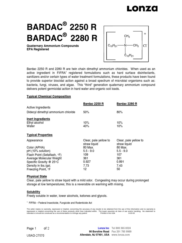 Lonza ProductDataSheets Bardac 2280R PDS 29467 | PDF | Disinfectant ...