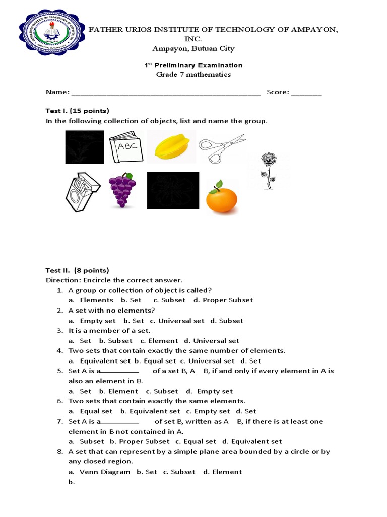 Grade 7 1st Prelim Exam | PDF | Empty Set | Logic