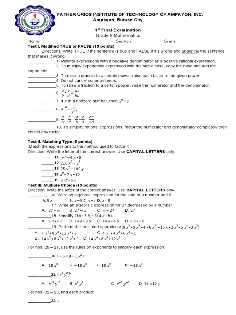 Grade 8 Final Exam | PDF | Fraction (Mathematics) | Arithmetic