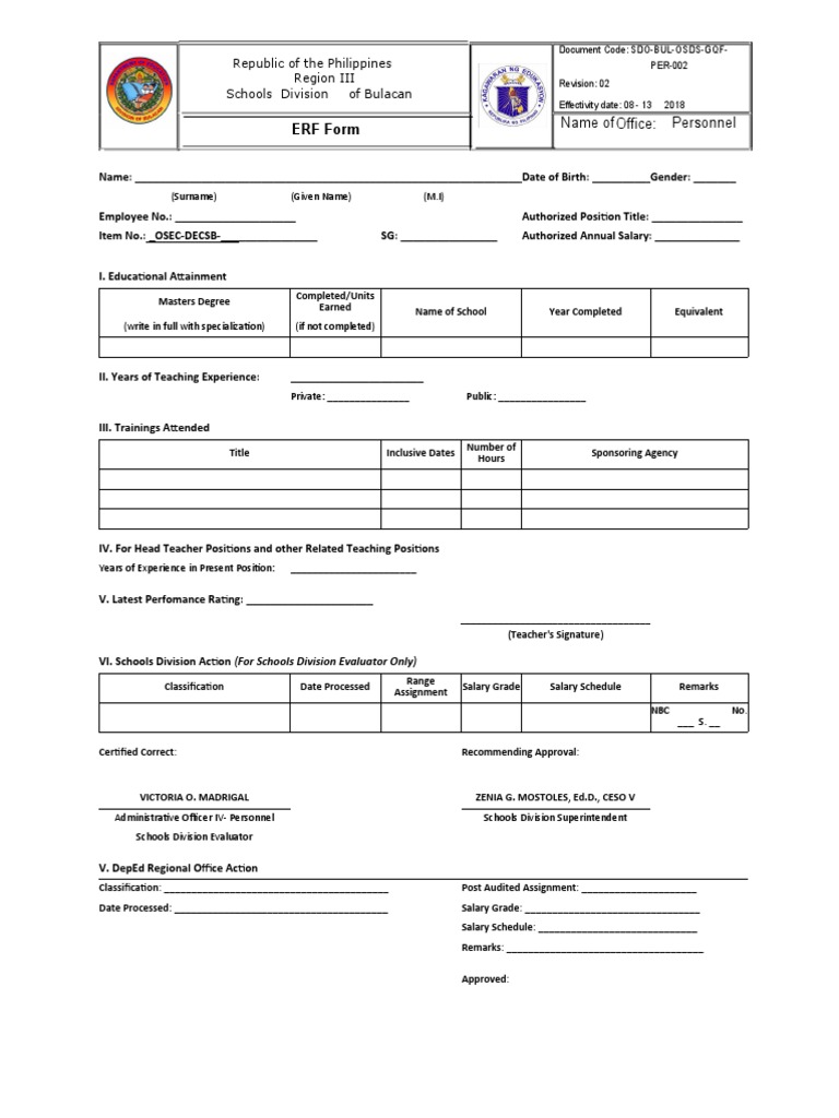 ERF Form: Republic of The Philippines Region III Schools Division of ...