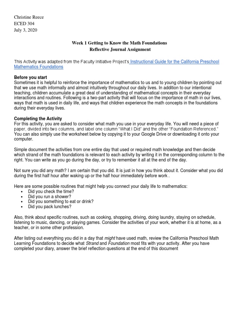 Math Foundations Reflective Journal | PDF | Early Childhood Education ...