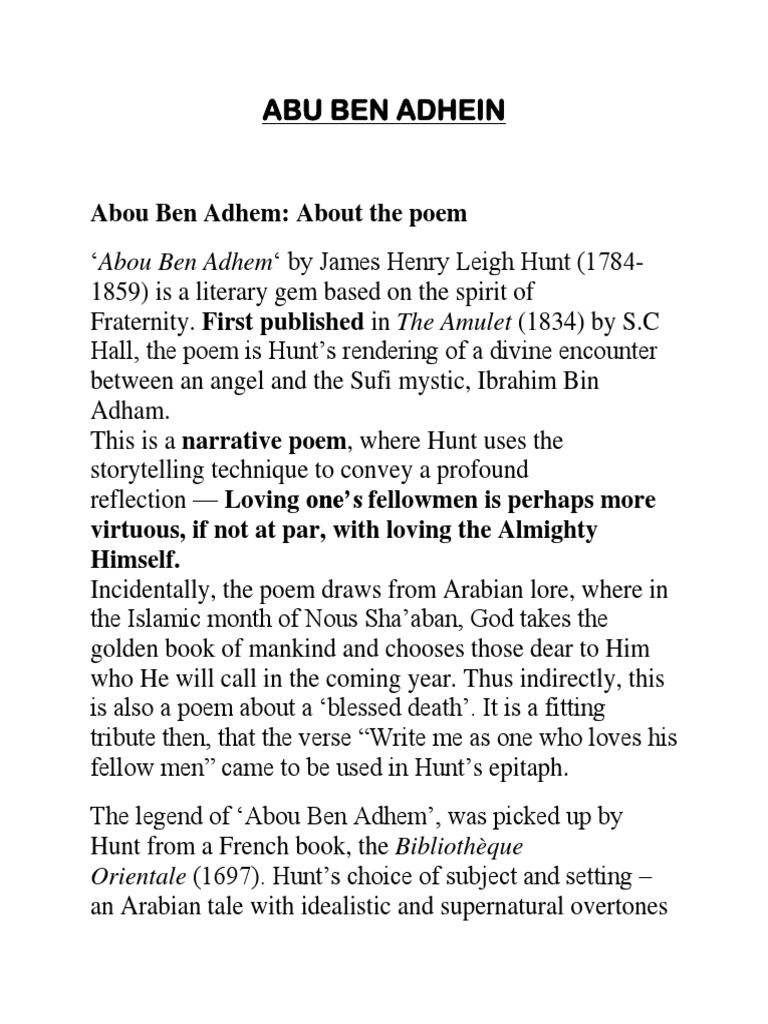 Abu Ben Adhein: Abou Ben Adhem: About The Poem | PDF | Poetics | Poetic ...