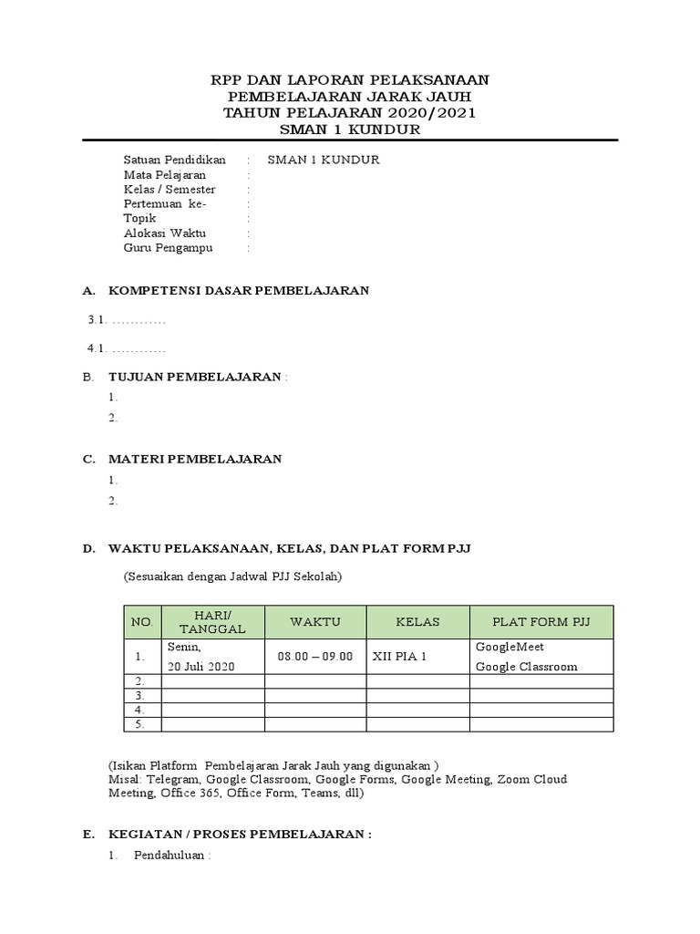 Contoh Format RPP Dan Laporan Mingguan | PDF