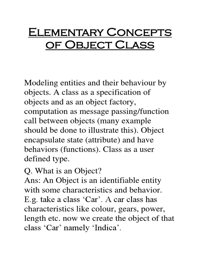 Elementary Concepts Of Object Class Pdf Object Oriented Programming Class Computer