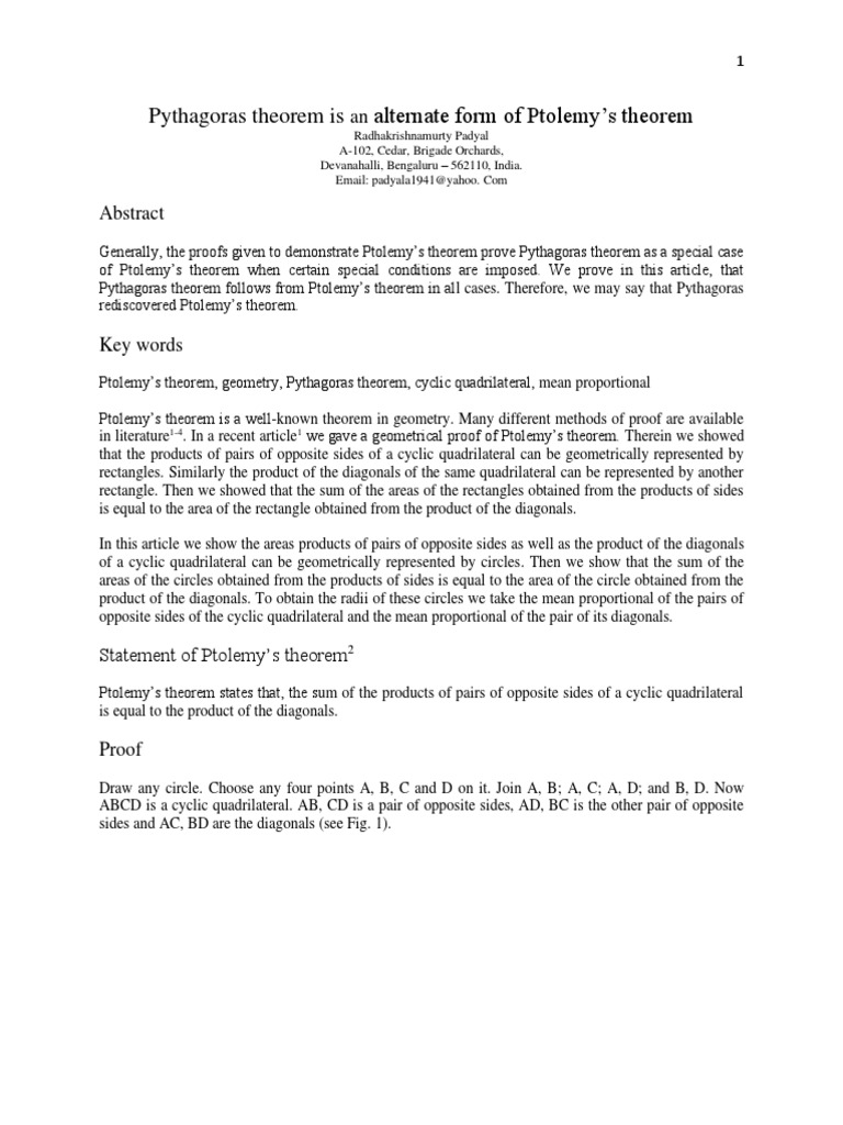Pythagoras Theorem Is An Alternate Form of Ptolemy's Theorem | PDF | Euclidean Plane Geometry ...