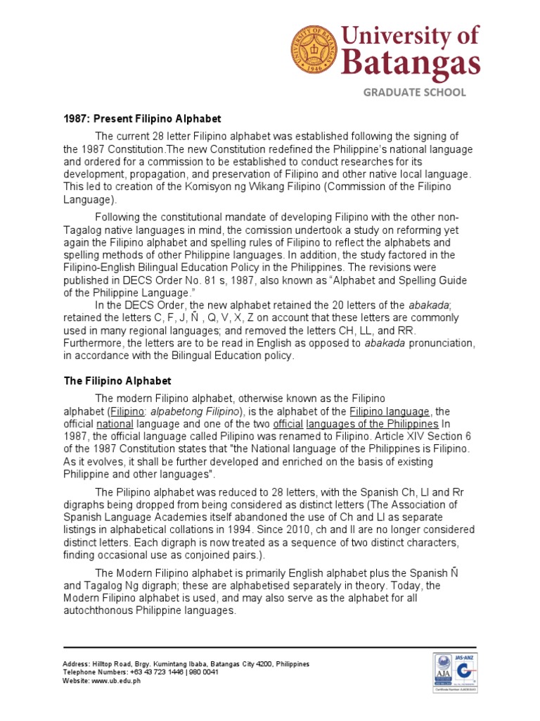 1987: Present Filipino Alphabet: Graduate School | PDF | Collation ...