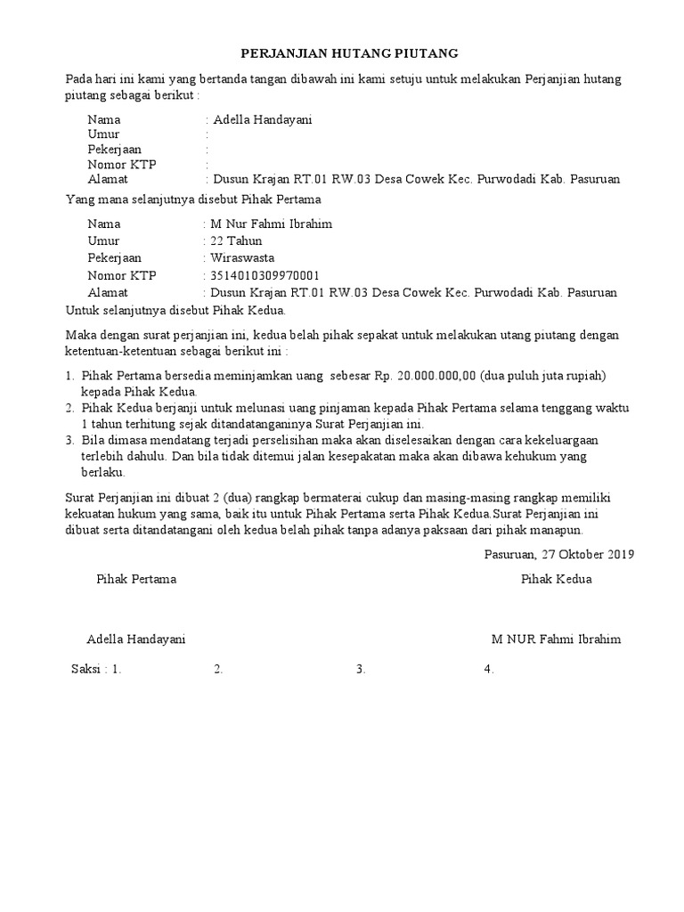 Contoh Surat Perjanjian Hutang Piutang | PDF