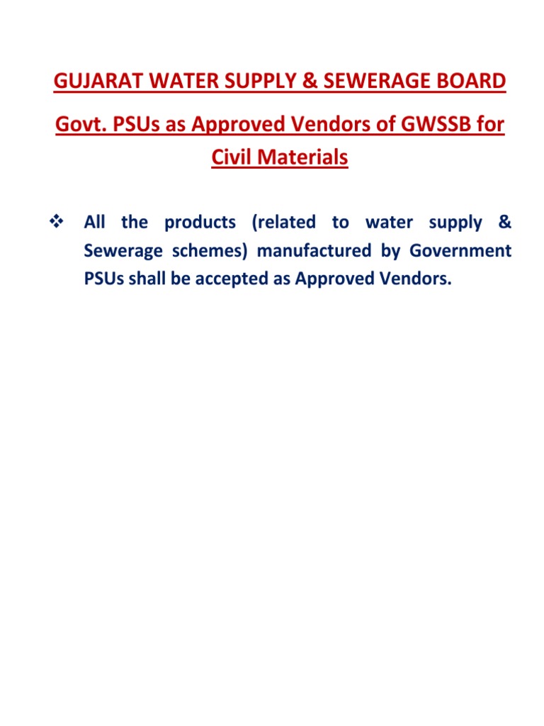 Gujarat Water Supply & Sewerage Board Govt. Psus As Approved Vendors of ...