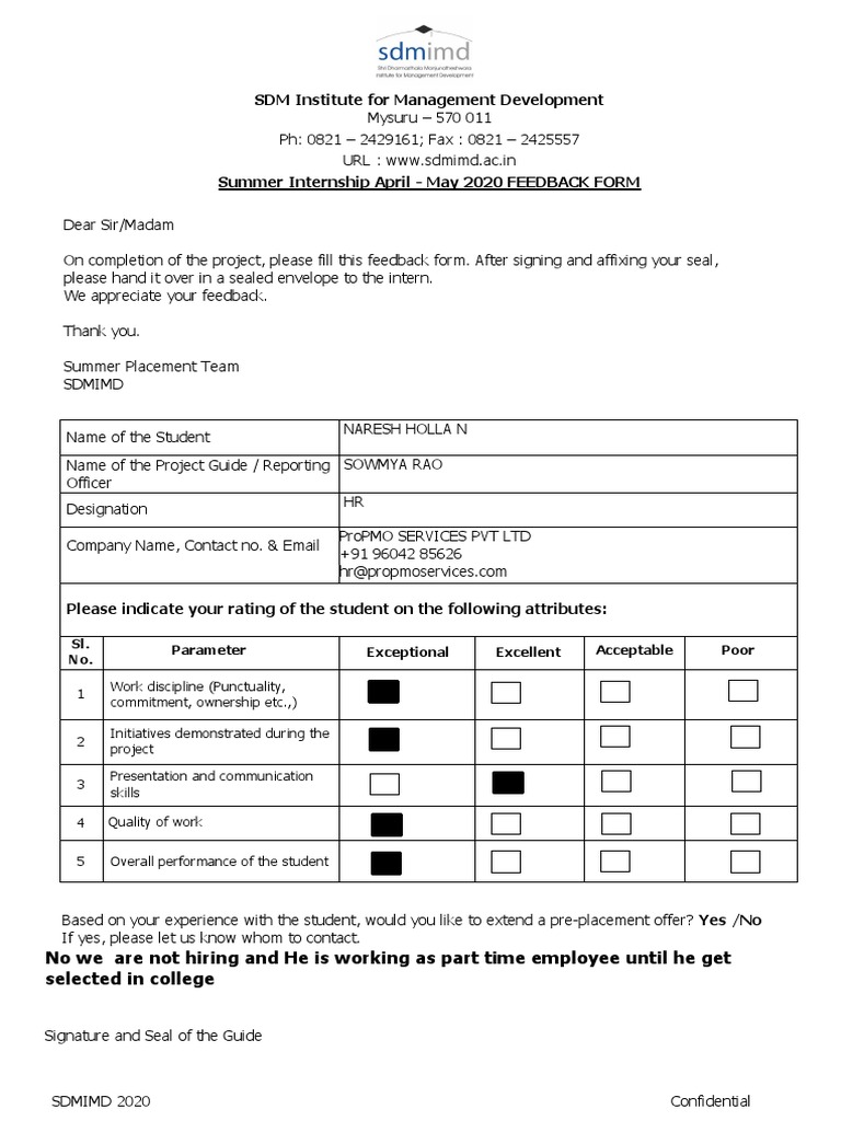 SDMIMD Summer Internship Feedback Form | PDF | Career & Growth | Business