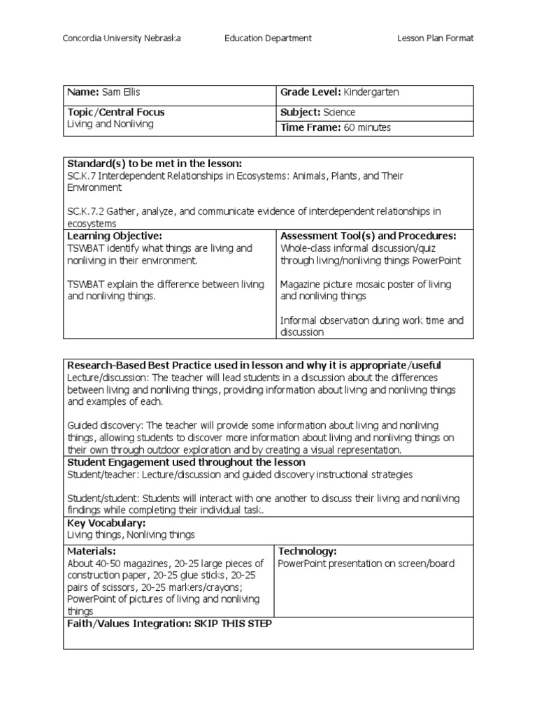Kindergarten Lesson on Living vs Nonliving | PDF | Lecture | Lesson Plan