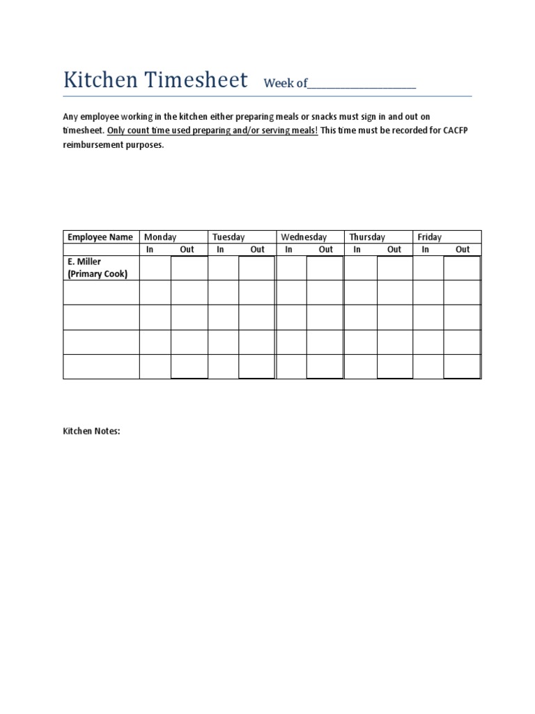 Kitchen Timesheet | PDF