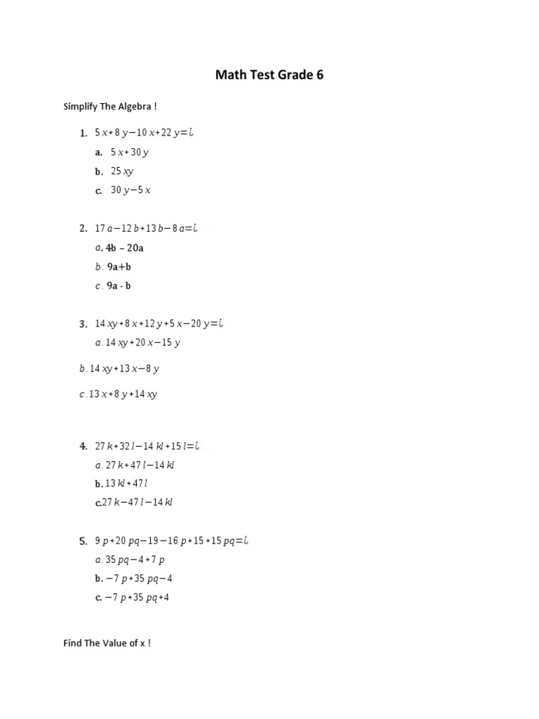 Math Test Grade 6: A. 4b - 20a B - 9a+b C - 9a - B | PDF | Teaching ...
