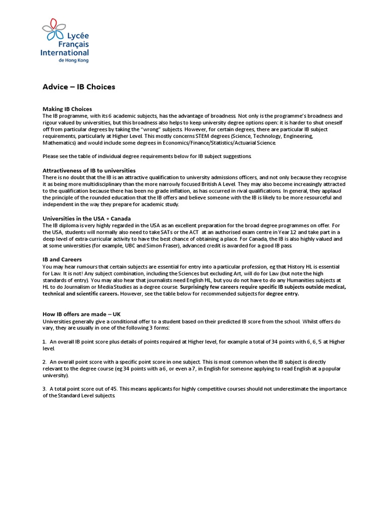 IB Subject Choices for University | PDF | Academic Degree | English Studies