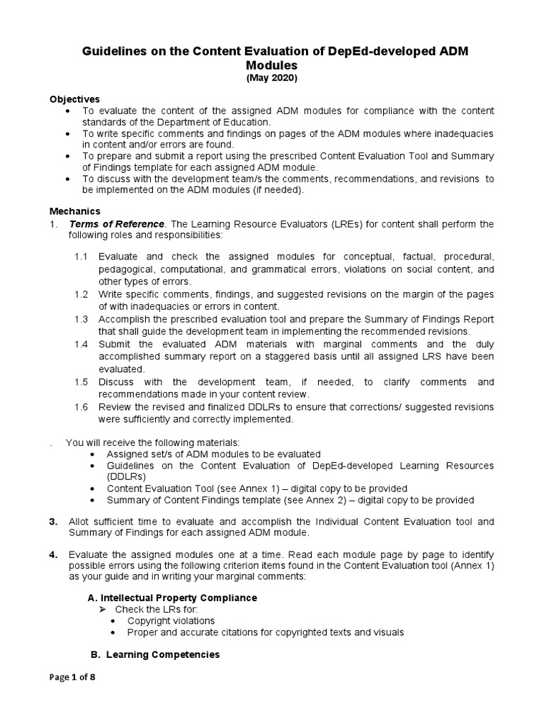 Guidelines On The Content Evaluation of Deped-Developed Adm Modules ...