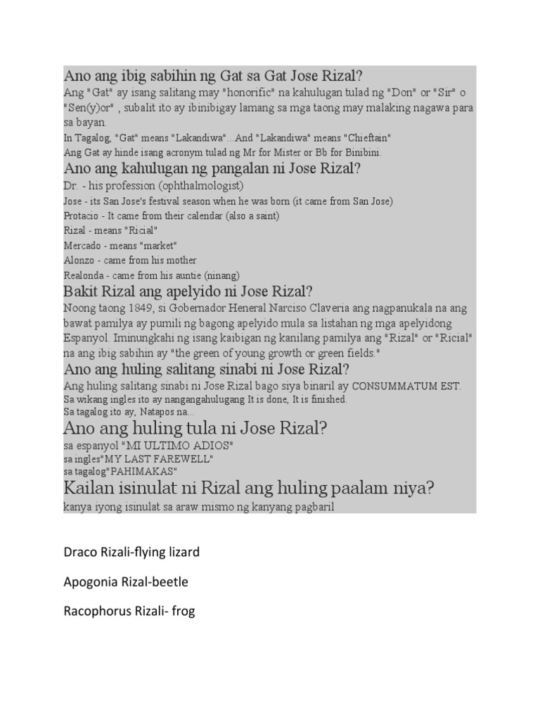 Ano Ang Ibig Sabihin NG Gat Sa Gat Jose Rizal | PDF