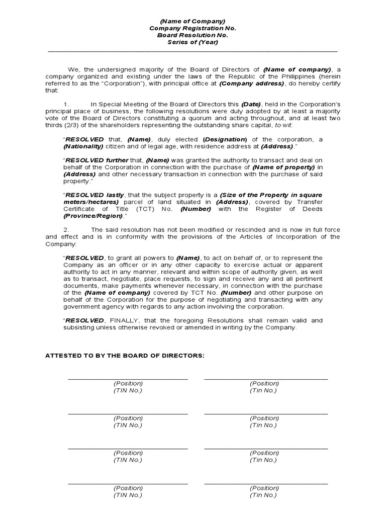 Attested To by The Board of Directors:: (Position) (Position) (TIN No ...