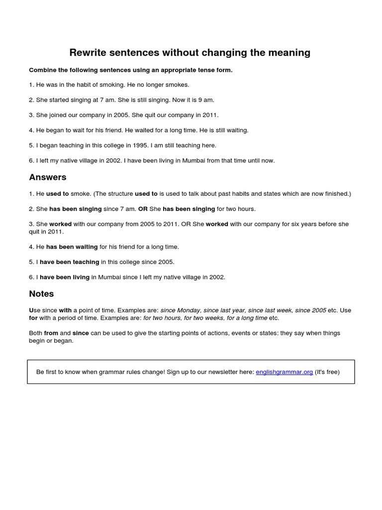 Rewrite Sentences FOR SINCE | PDF