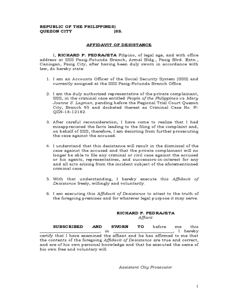 Affidavit of Desistance OCP | PDF