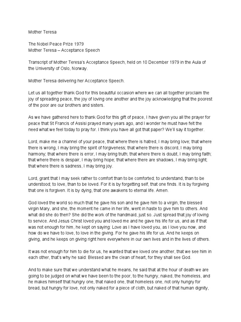 Mother Teresa Nobel Peace Prize 1979 Acceptance Speech | PDF | Mother ...