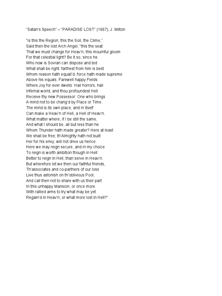 Satan's Speech Paradise Lost | PDF