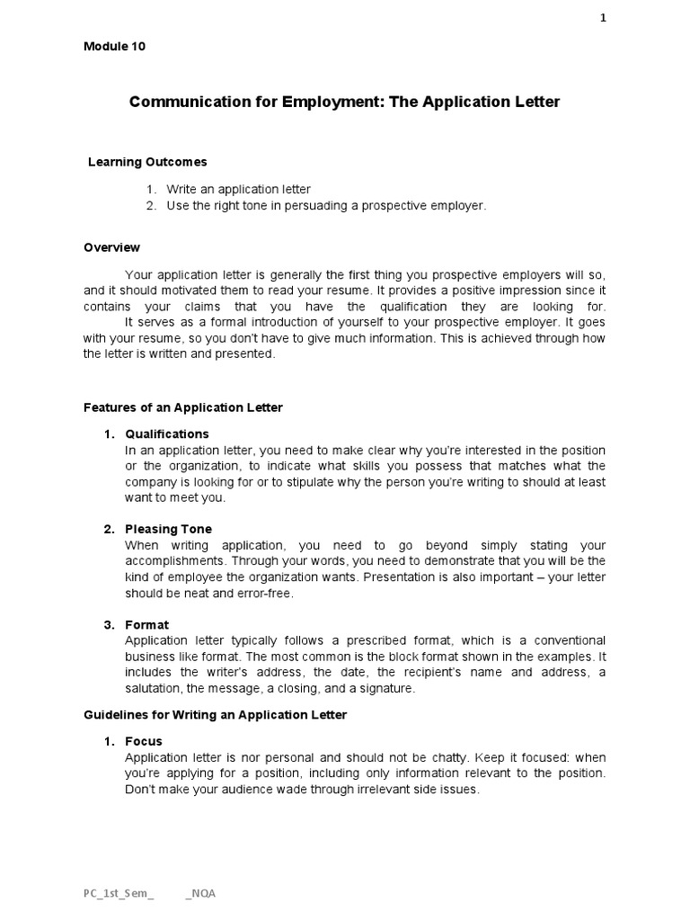 Communication For Employment: The Application Letter: PC - 1st - Sem ...