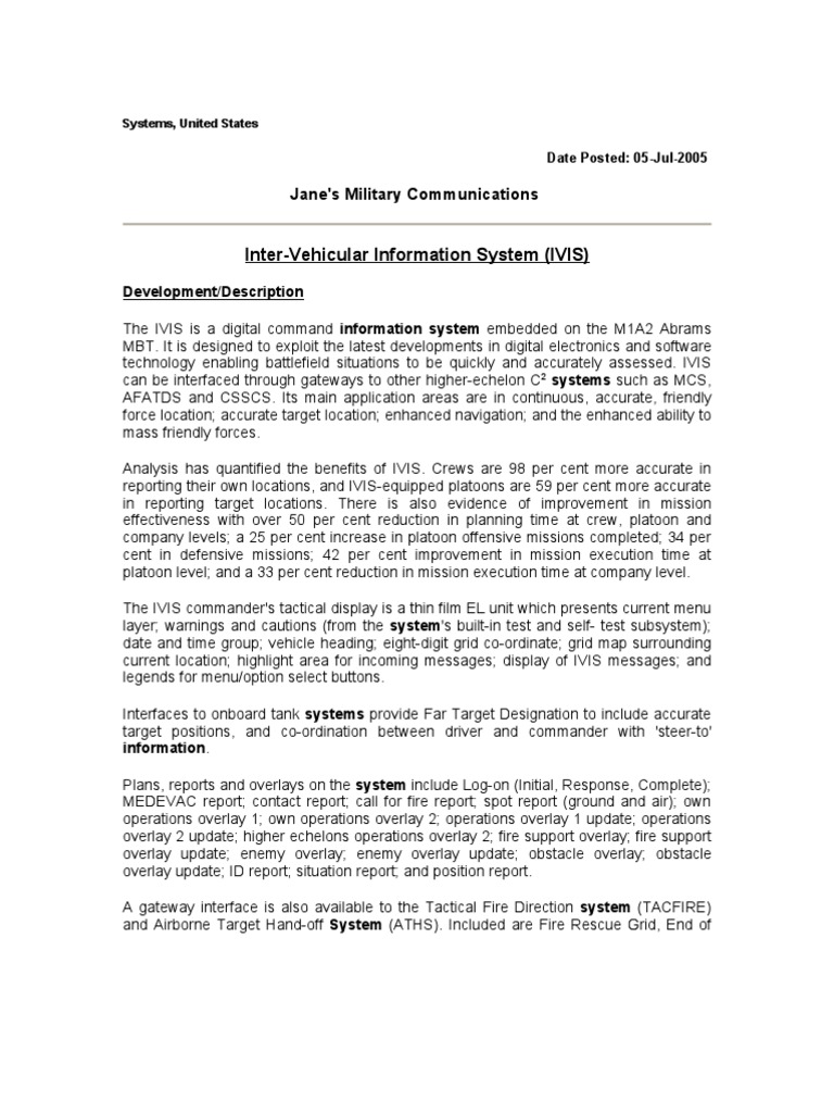 Inter-Vehicular Information System (IVIS) | PDF | Tanks | Military