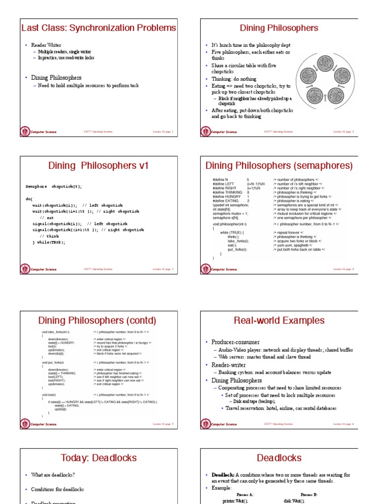 Last Class: Synchronization Problems: Dining Philosophers v1 Dining Philosophers (Semaphores ...