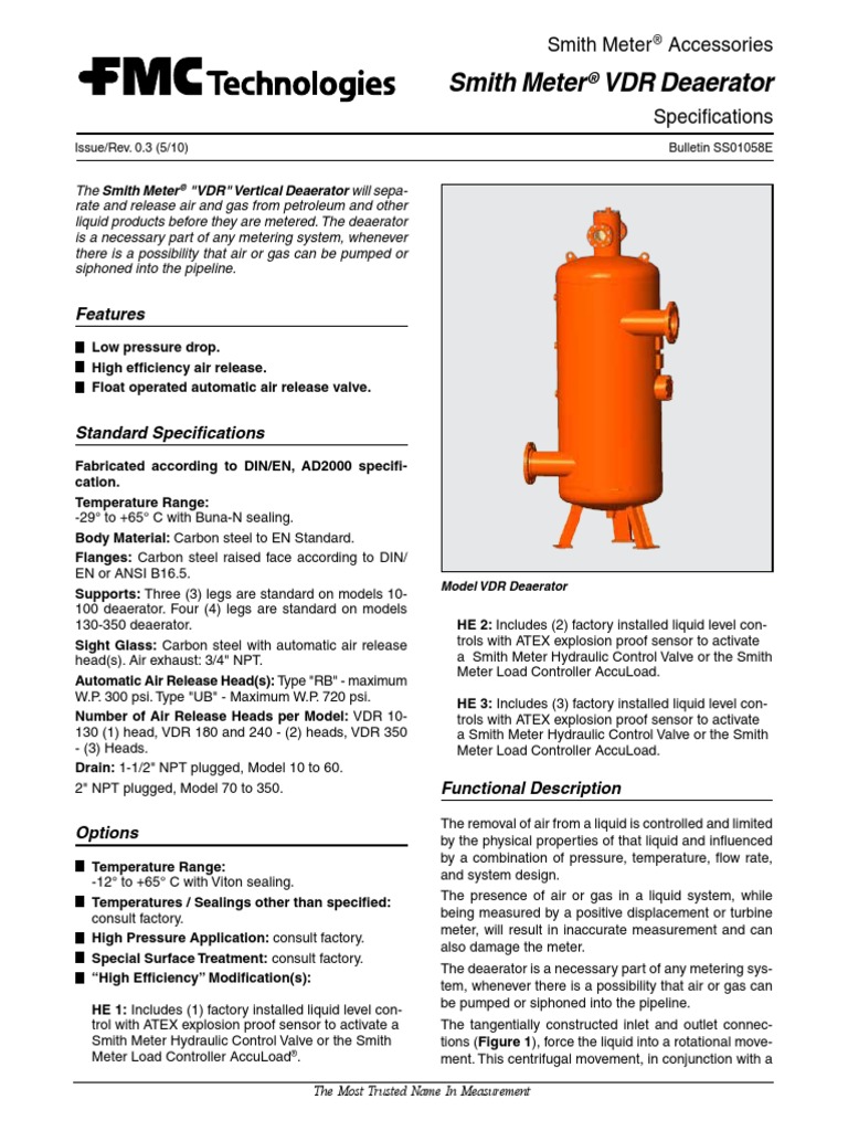 Smith Meter VDR Vertical Deaerator Specifications | PDF | Valve | Pump