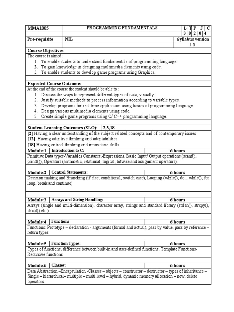 The Course Is Aimed:: Programming Fundamentals 3 0 2 0 4 | PDF | C++ ...